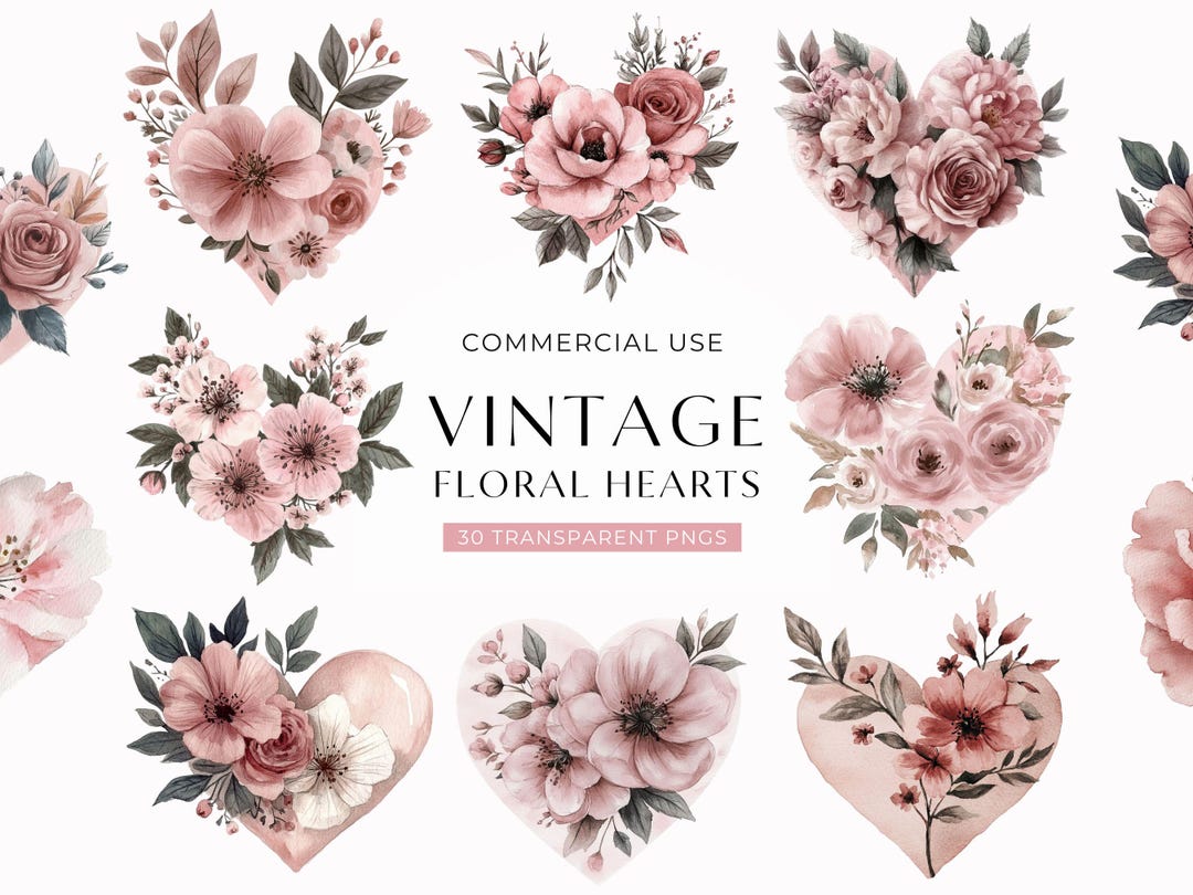 Vintage Floral Heart Clipart, Watercolor Flower Hearts Clip Art ...