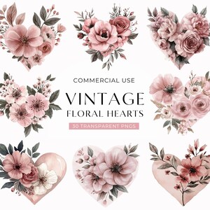 Vintage Floral Heart Clipart, Watercolor Flower Hearts Clip Art ...