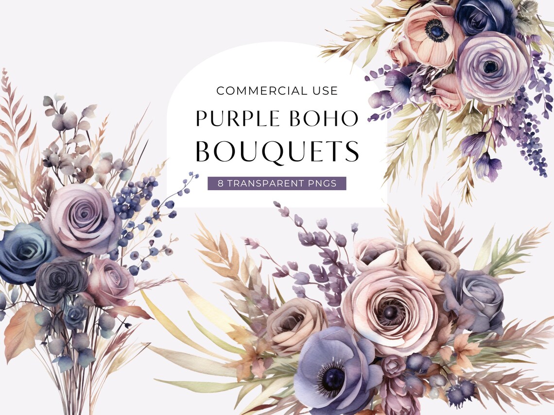 Purple Boho Bouquet Clipart, DIGITAL DOWNLOAD, Lilac Wedding Invitation ...