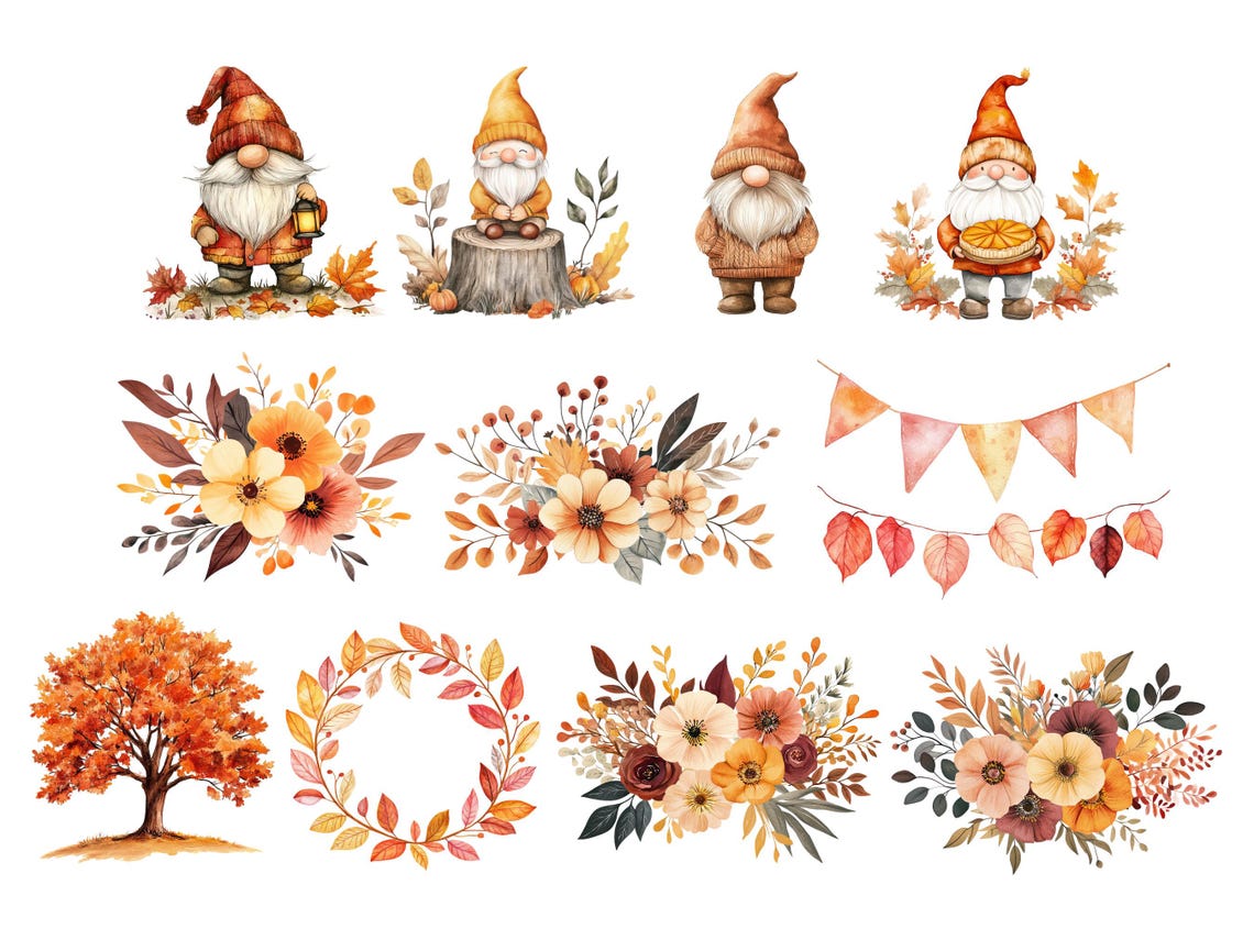Autumn Gnome Clipart DIGITAL DOWNLOAD, Fall Gnome Clip Art ...