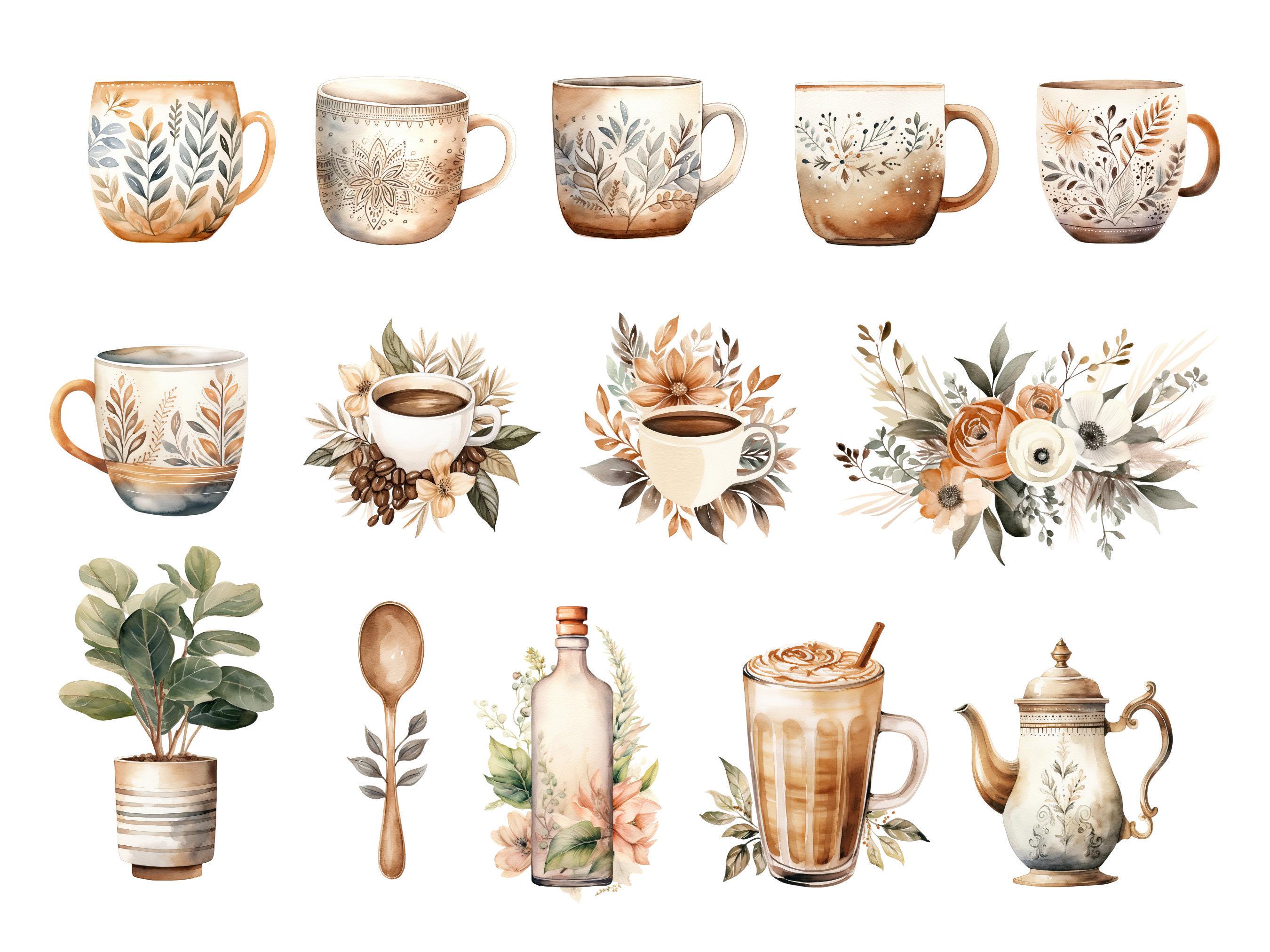 Coffee Lover Clipart Boho, DIGITAL DOWNLOAD, Watercolor Cup of Coffee ...