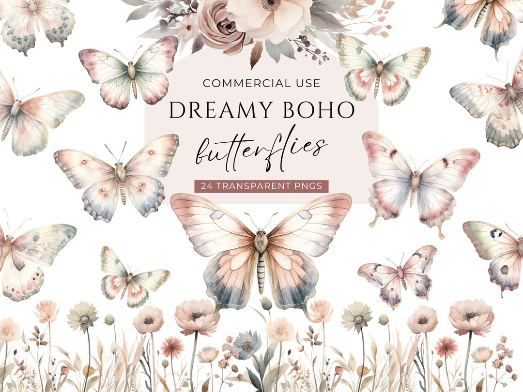 Boho Butterfly Clipart, DIGITAL DOWNLOAD, Watercolor Butterflies ...