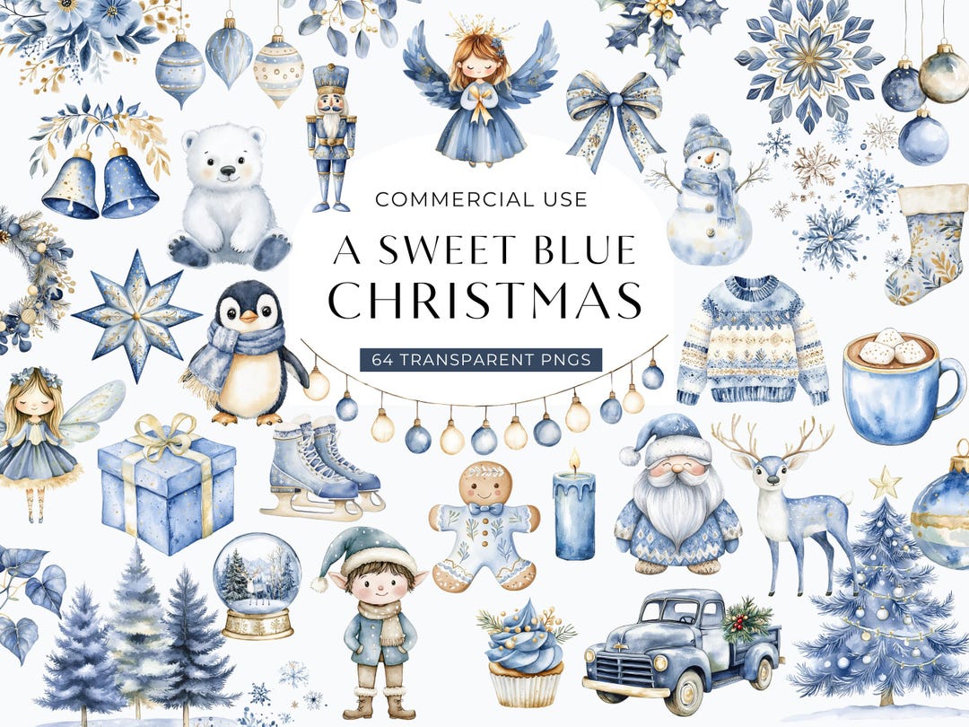 Blue Christmas Clipart Bundle, DIGITAL DOWNLOAD, Watercolor Xmas Clip ...