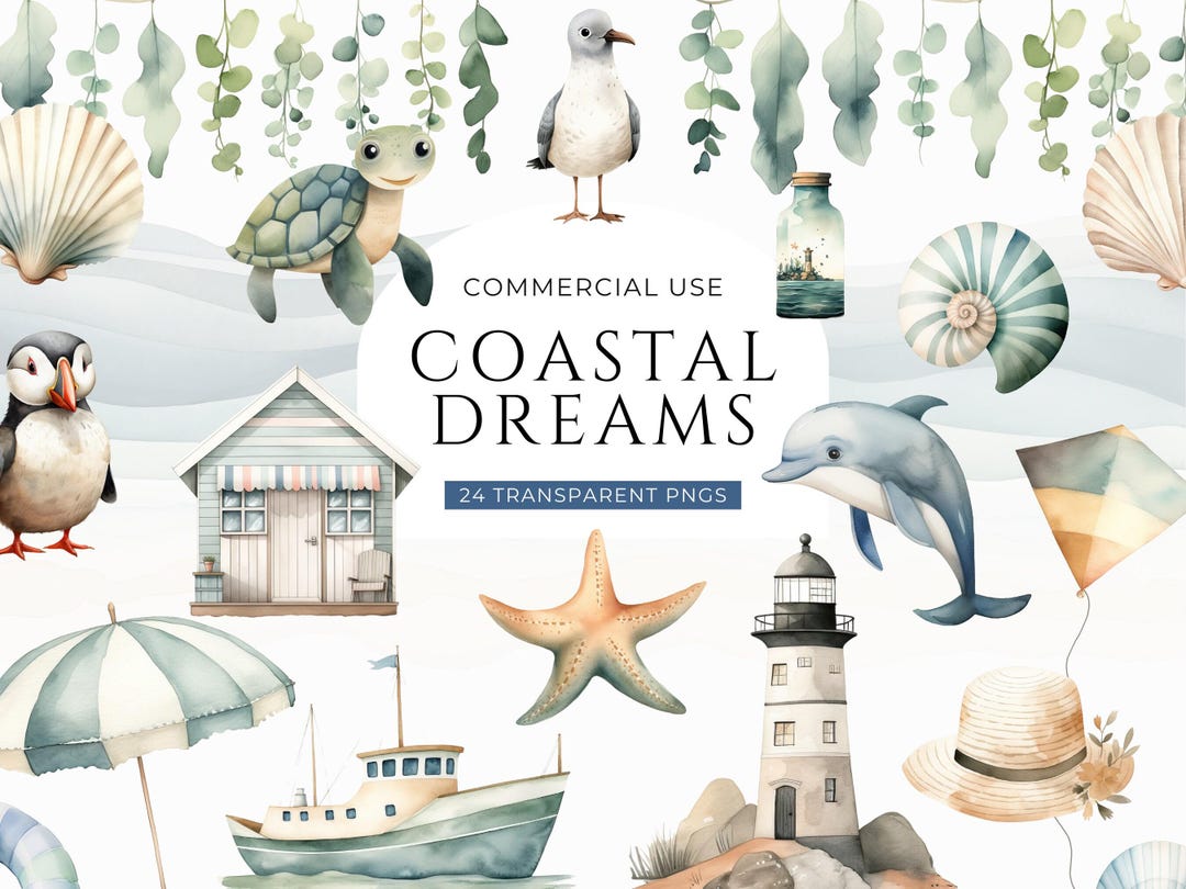 Coastal Nautical Watercolor Clipart, DIGITAL DOWNLOAD, Ocean Clip Art ...