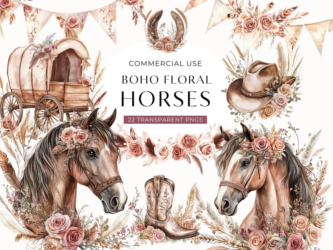 Floral Horse Clipart, Boho Western Watercolor Horse Clip Art, Girl ...