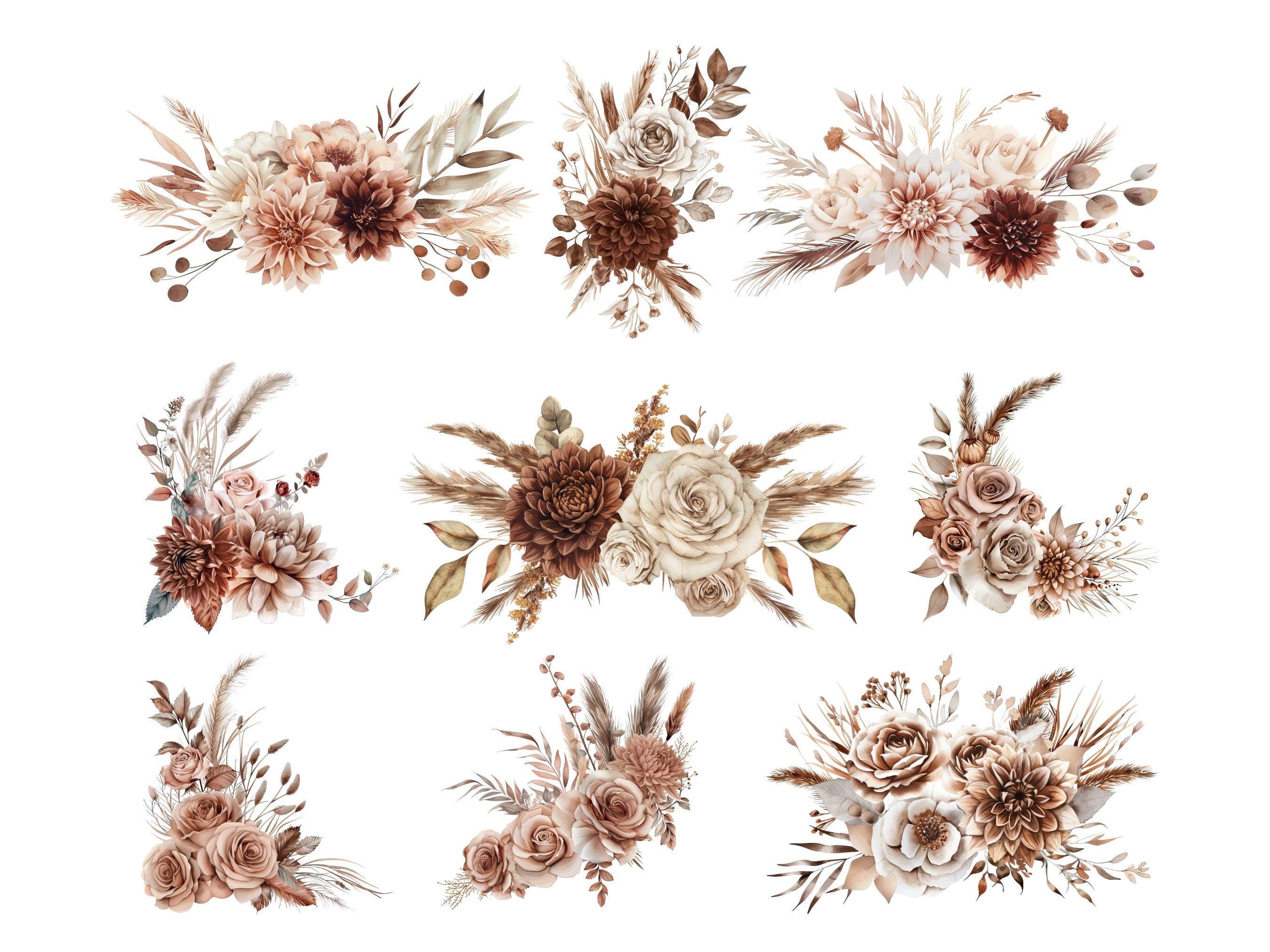 Neutral Mocha Floral Clipart, Boho Watercolor Bouquet, Rustic Wedding ...