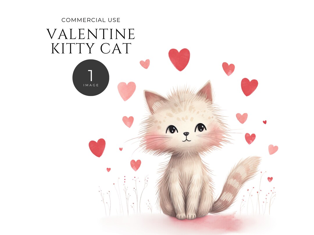 Valentine Cat Clipart, Single Image DIGITAL DOWNLOAD, Cute Watercolor ...