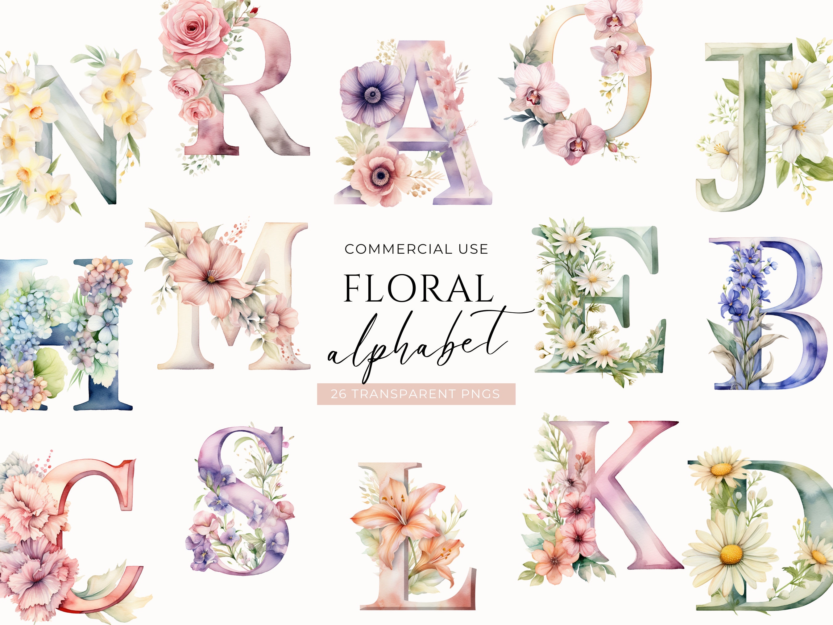 Clipart Floral Letters, DIGITAL DOWNLOAD, Flower Alphabet Clipart ...