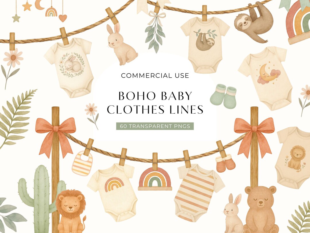 Baby Clothes Line Clipart, Watercolor Boho Clothesline Clip Art, Gender ...