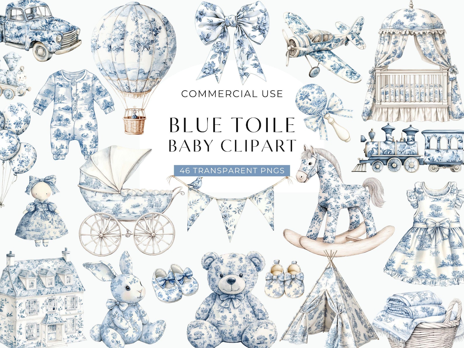 Blue Toile Baby Clipart, It's A Boy Baby Shower Toile De Jouy Clip Art ...