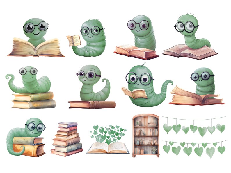 Book Worm Clipart, DIGITAL DOWNLOAD, Cute Bookworm Reading Watercolor ...