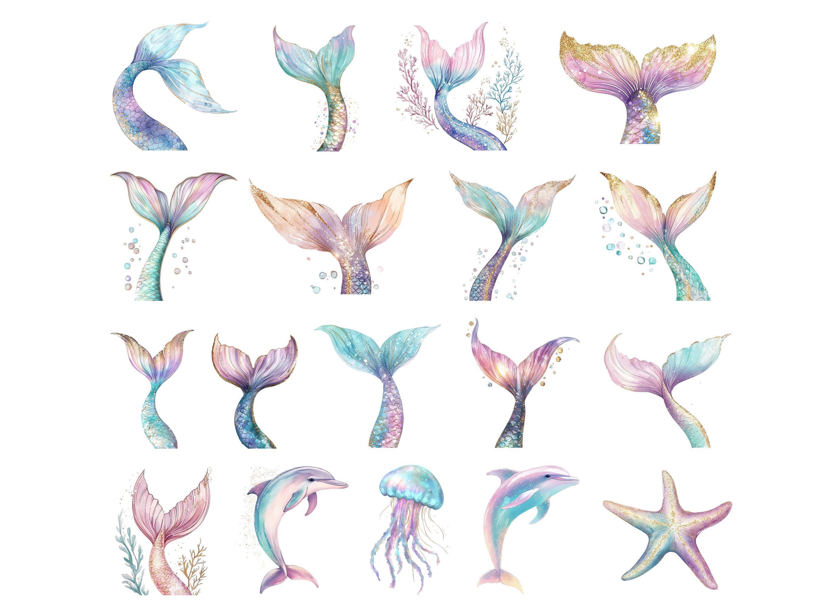 Mermaid Tail Clipart, Watercolor Pastel Under the Sea Clip Art, Mermaid ...