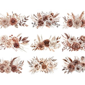Neutral Mocha Floral Clipart, Boho Watercolor Bouquet, Rustic Wedding ...