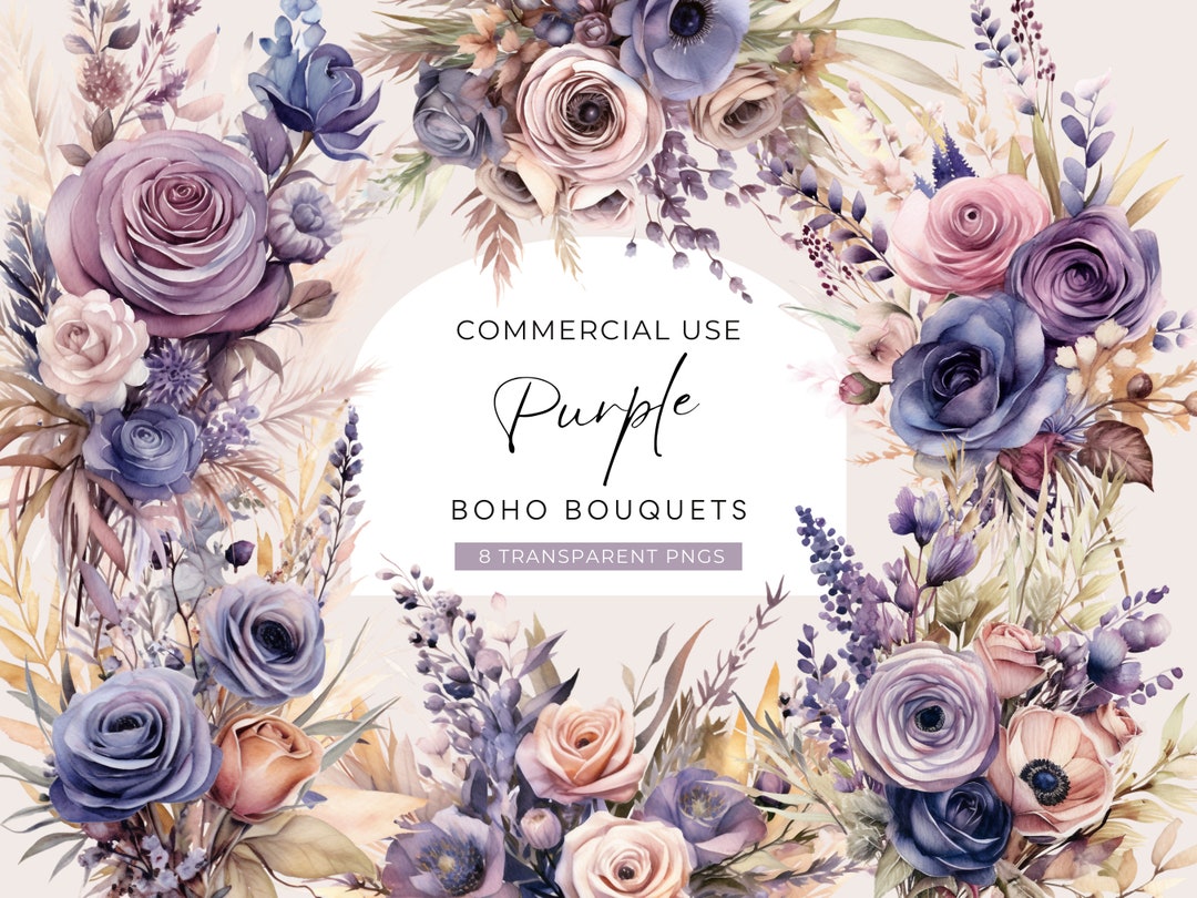 Purple Boho Bouquet Clipart, DIGITAL DOWNLOAD, Lilac Wedding Invitation ...