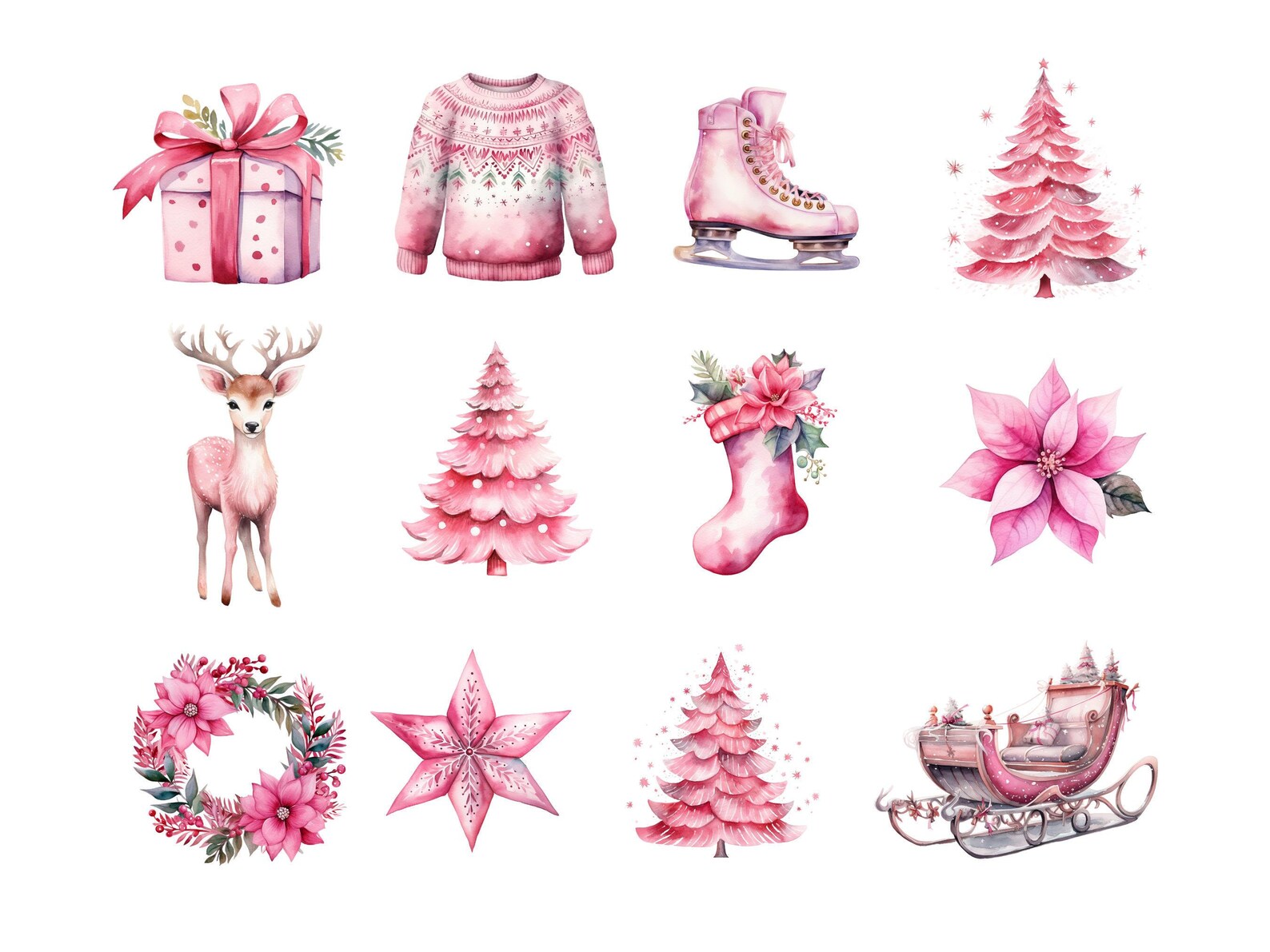 Pink Christmas Clipart, DIGITAL DOWNLOAD, Pink Winter Illustrations ...