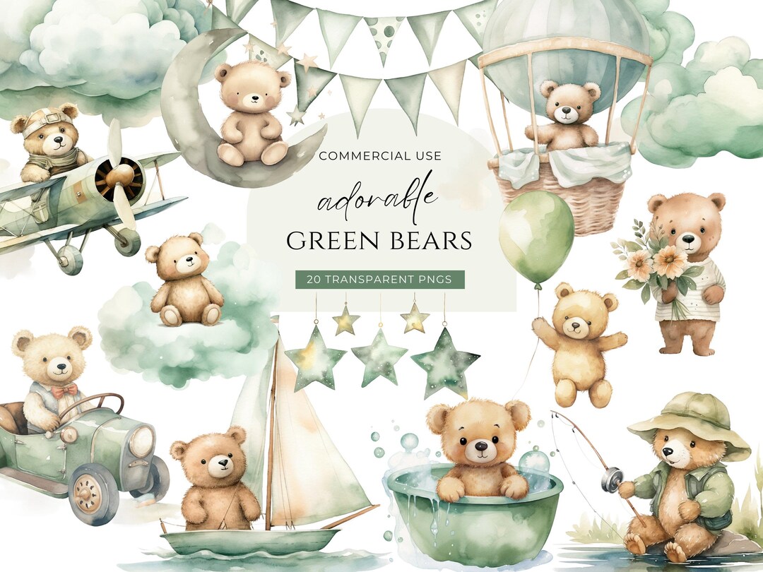 Green Teddy Bear Clipart, DIGITAL DOWNLOAD, Hot Air Balloon Teddy Bear ...