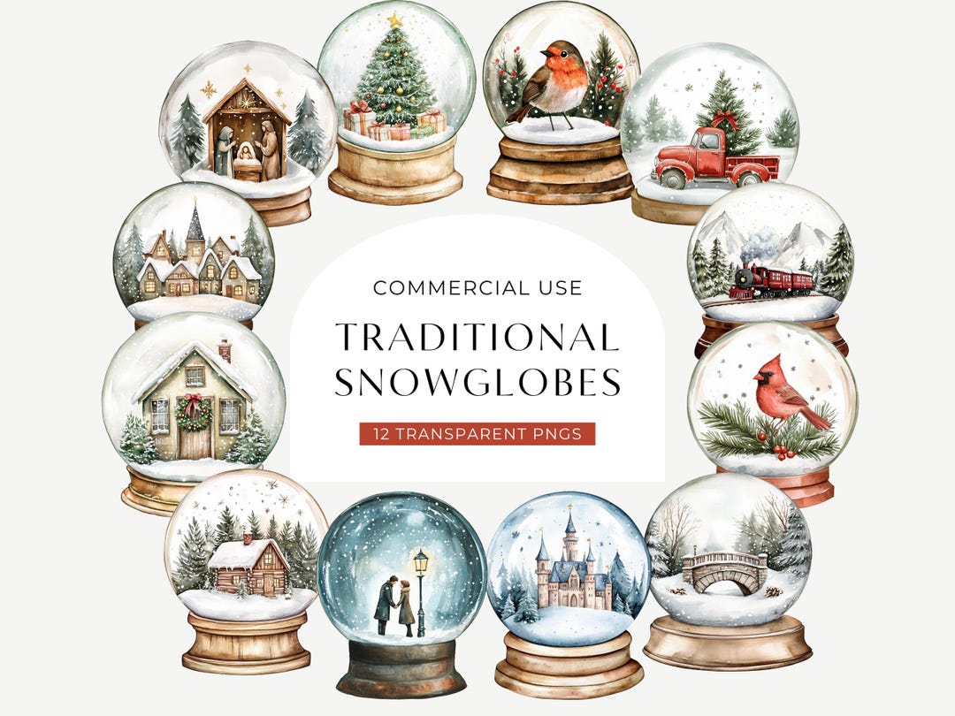 Snowglobe Clipart Traditional Christmas, DIGITAL DOWNLOAD, Watercolor ...