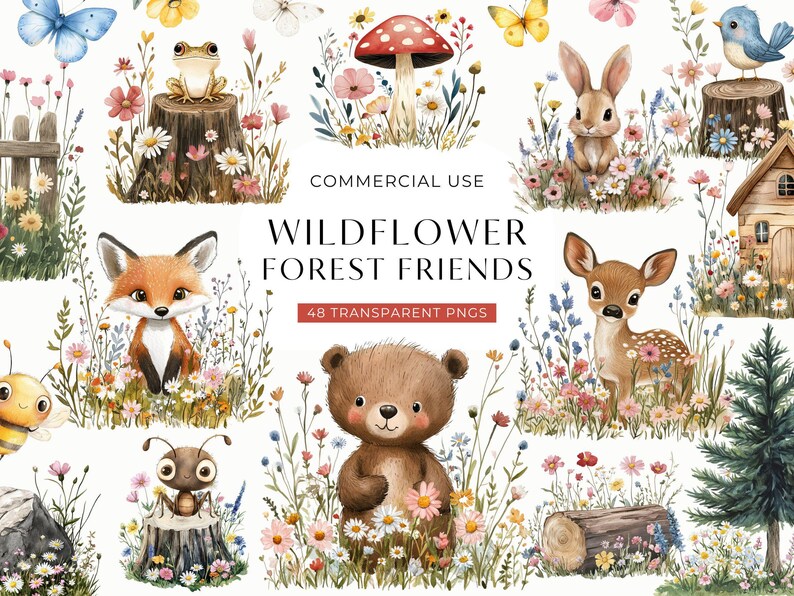 Woodland Animal Flowers Clipart, Baby Floral Animal Clip Art, Cute ...