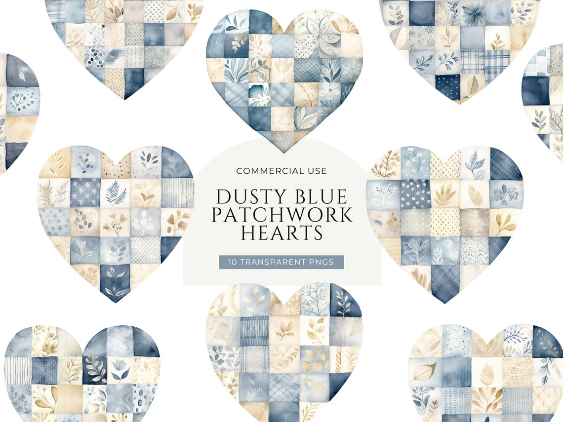 Blue Patchwork Hearts Clipart, DIGITAL DOWNLOAD, Cute Valentine Clipart ...