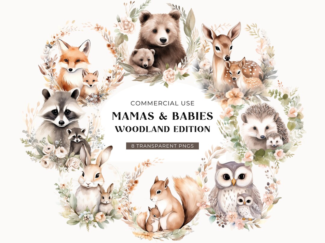 Baby Animal and Mom Clipart, DIGITAL DOWNLOAD, Woodland Mama Clip Art ...