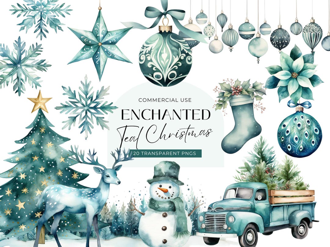 Teal Christmas Clipart, DIGITAL DOWNLOAD, Watercolor Hanging Ornament ...