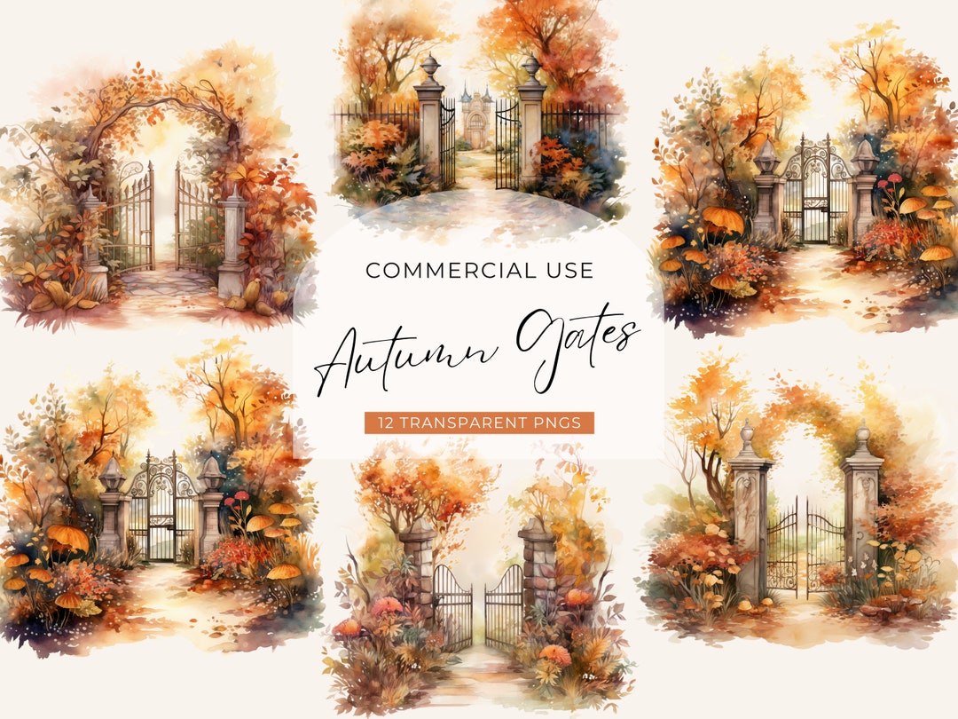 Autumn Gates Clipart, DIGITAL DOWNLOAD, Watercolor Fall Garden Graphics ...