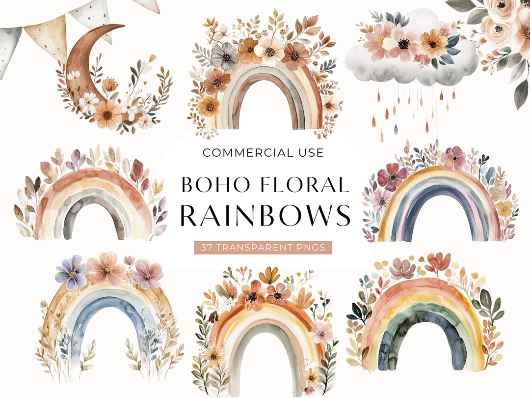Boho Rainbow Watercolor Clipart, DIGITAL DOWNLOAD, Floral Rainbow Clip ...
