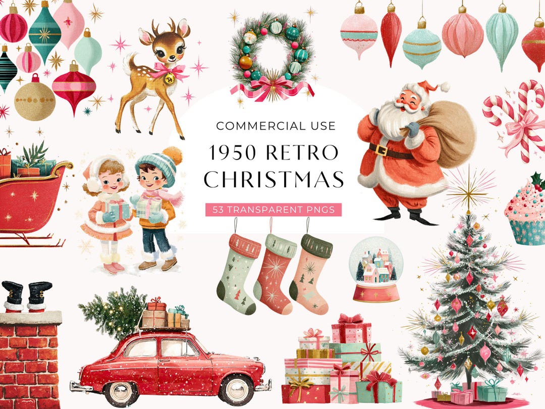Retro Watercolor Christmas Clipart, Cute Vintage Santa Clip Art, Xmas ...