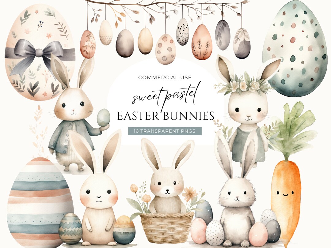 Cute Easter Bunny Clipart, DIGITAL DOWNLOAD, Pastel Watercolor Spring ...