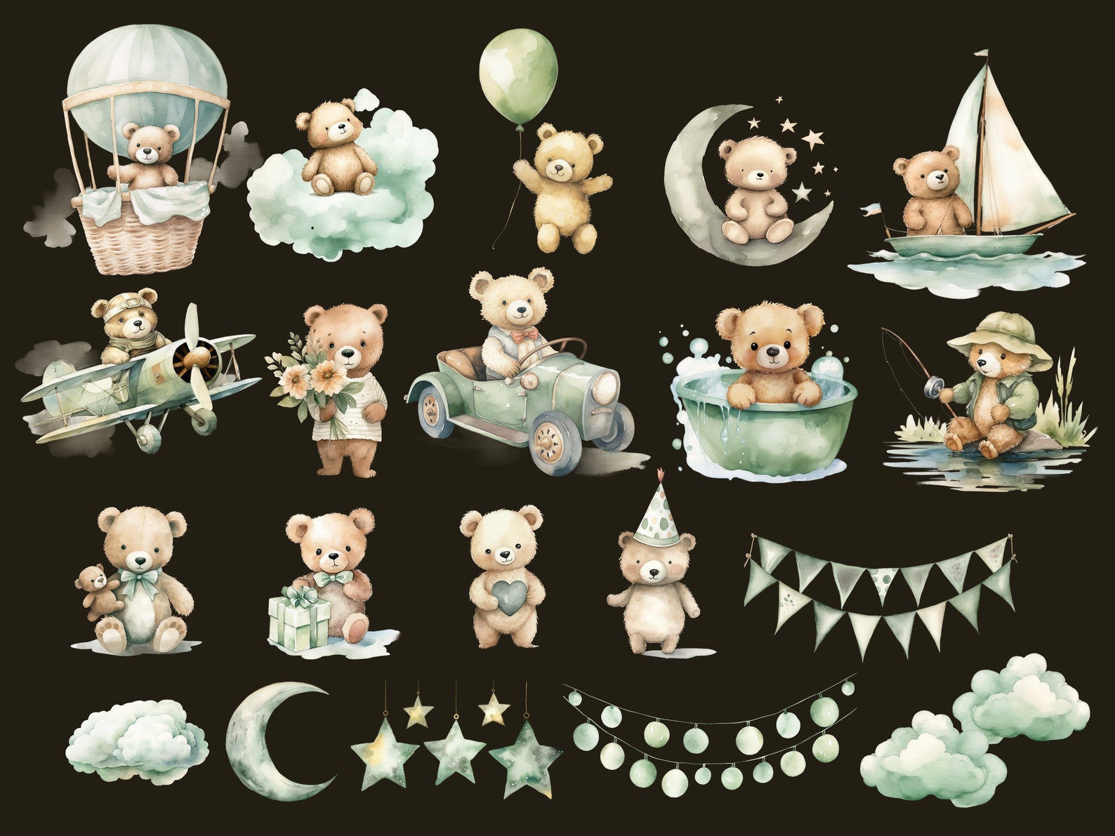 Green Teddy Bear Clipart, DIGITAL DOWNLOAD, Hot Air Balloon Teddy Bear ...