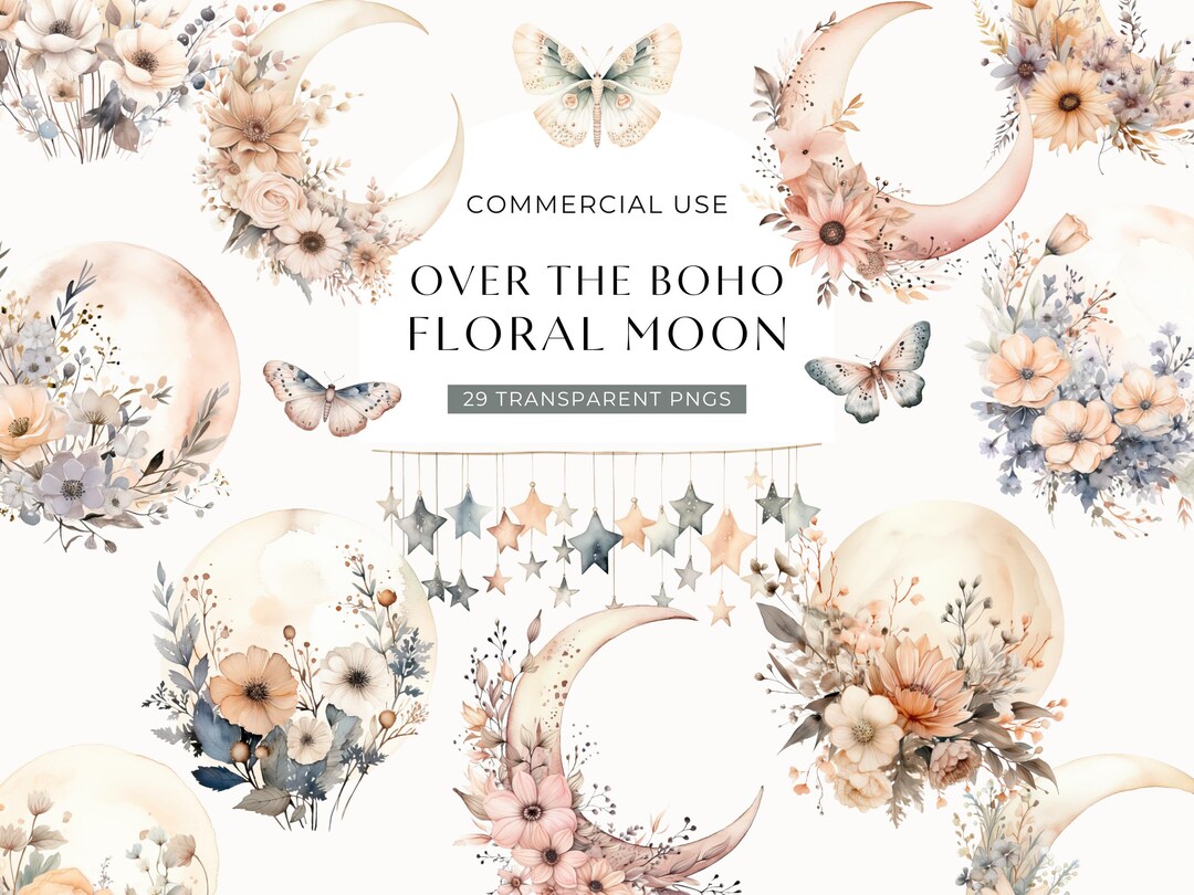 Watercolor Floral Moons Clipart, DIGITAL DOWNLOAD, Celestial Boho ...
