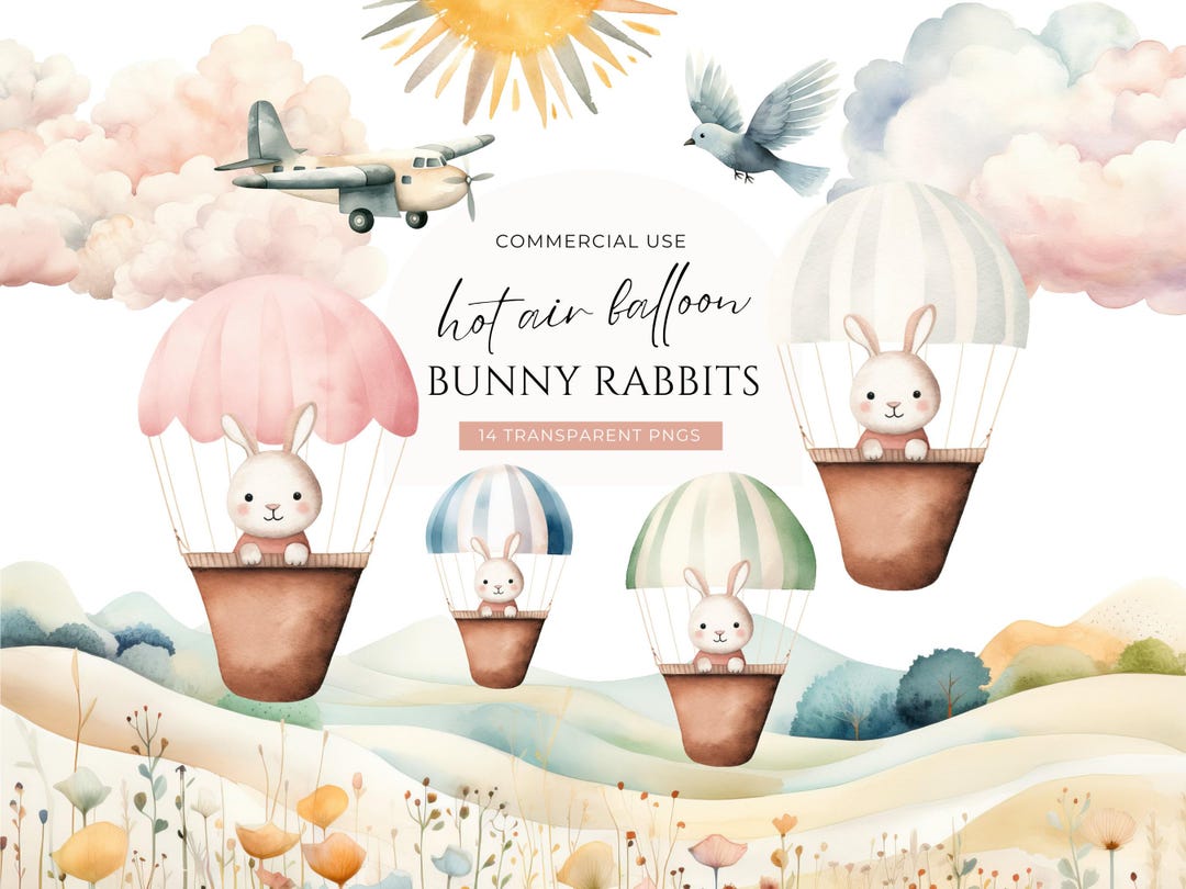 Bunny Hot Air Balloon Clipart, DIGITAL DOWNLOAD, Watercolor Spring Baby ...