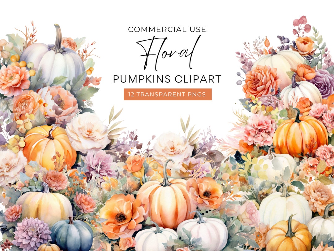 Floral Pumpkins Clipart Bundle, DIGITAL DOWNLOAD, Fall Autumn Orange ...