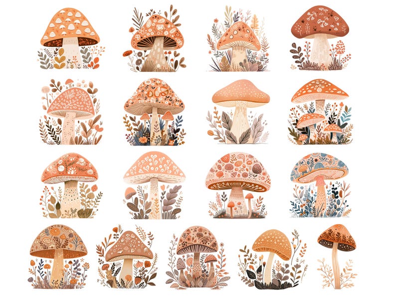 Boho Mushroom Clipart, DIGITAL DOWNLOAD, Watercolor Cottagecore Clip ...
