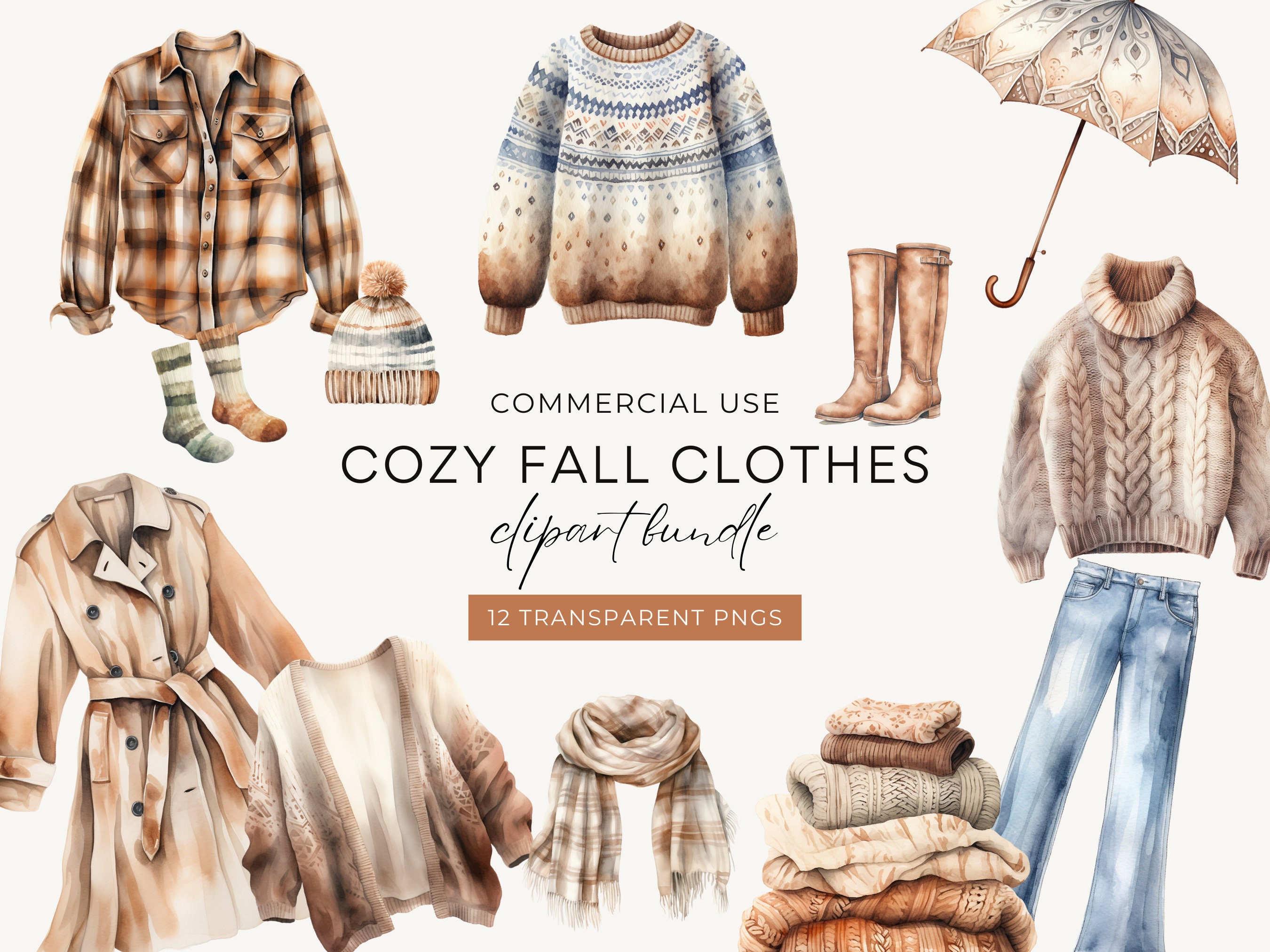 Fall Clothes Clipart Bundle, DIGITAL DOWNLOAD, Watercolor Autumn ...