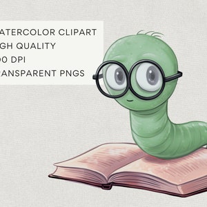 Book Worm Clipart, DIGITAL DOWNLOAD, Cute Bookworm Reading Watercolor ...