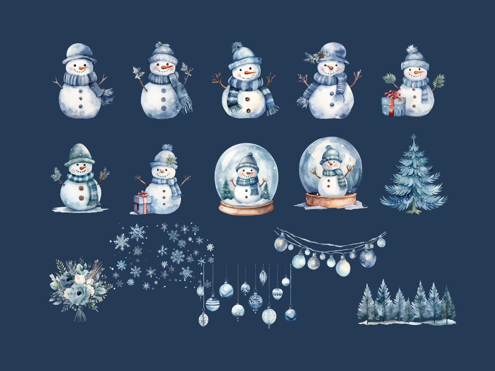 Blue Christmas Snowman Clipart, DIGITAL DOWNLOAD Cute Snowmen Clipart ...