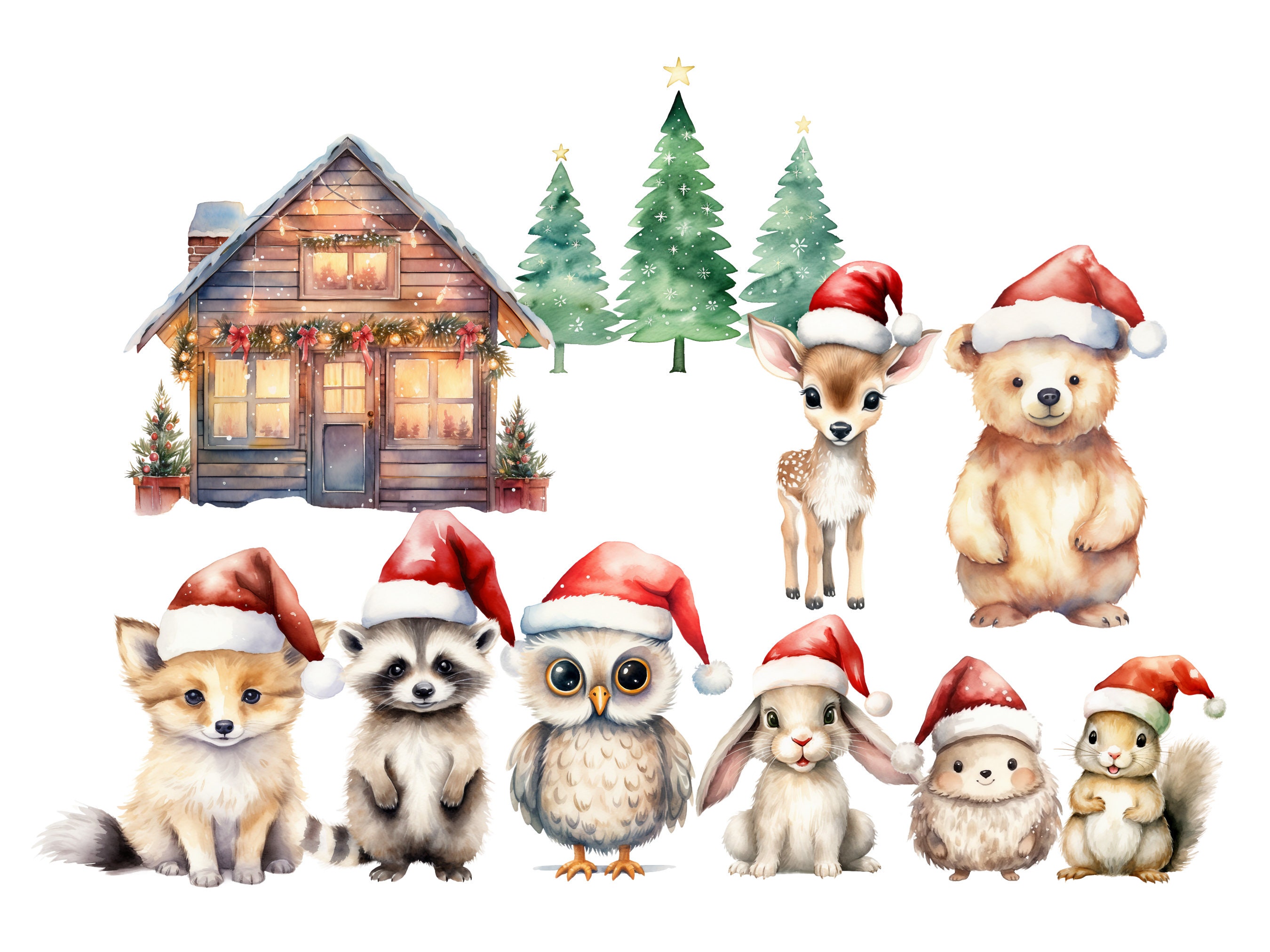 Christmas Woodland Animal Clipart, DIGITAL DOWNLOAD, Cute Baby Forest Creatures Illustration ...