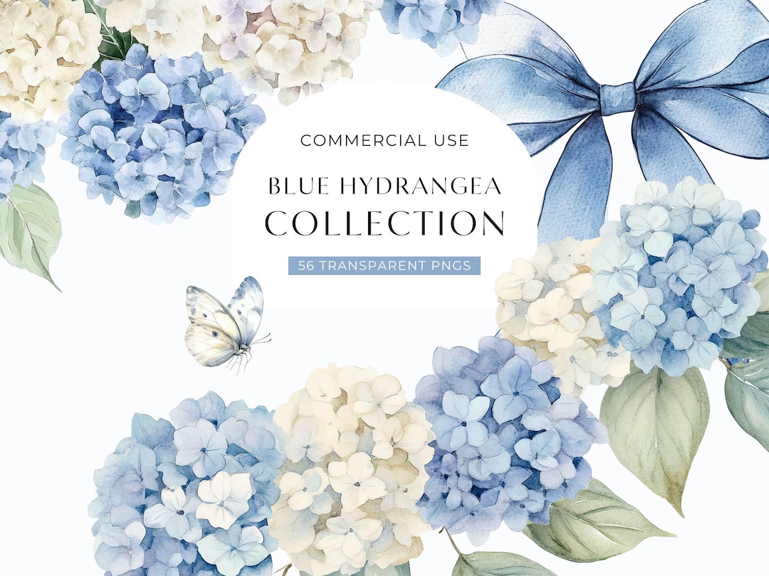Blue Hydrangea Clipart, Watercolor Floral Clip Art, Flower Bouquet ...