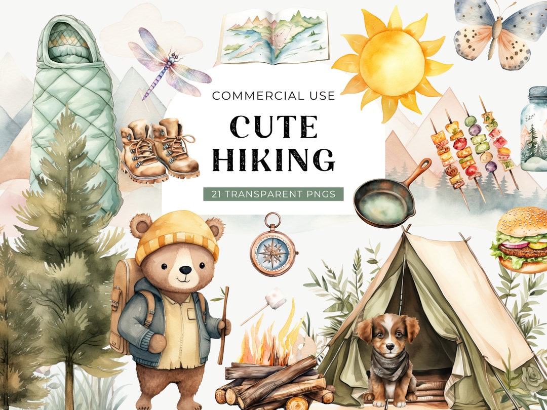Cute Hiking Backpacking Clipart, DIGITAL DOWNLOAD, Watercolor Adventure ...