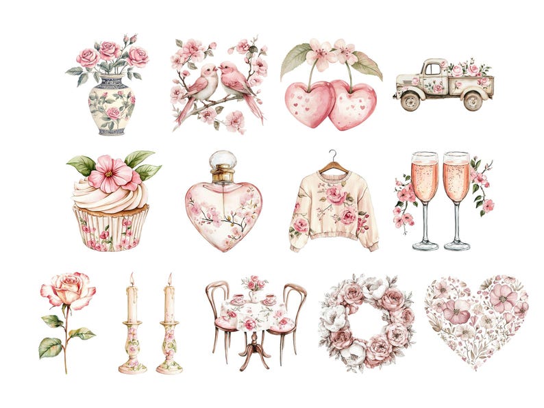 Chinoiserie Valentines Clipart, Pink Watercolor Vintage Floral ...