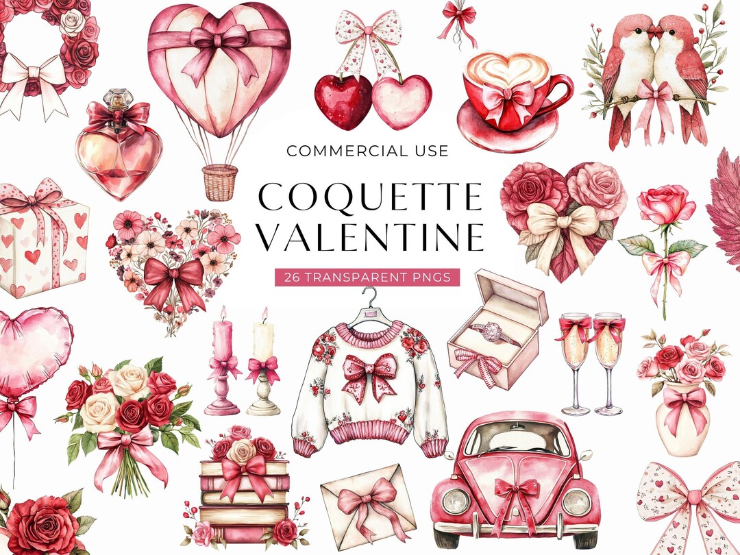 Coquette Valentine Clipart, Watercolor Valentines Day Bow, Pink Planner ...