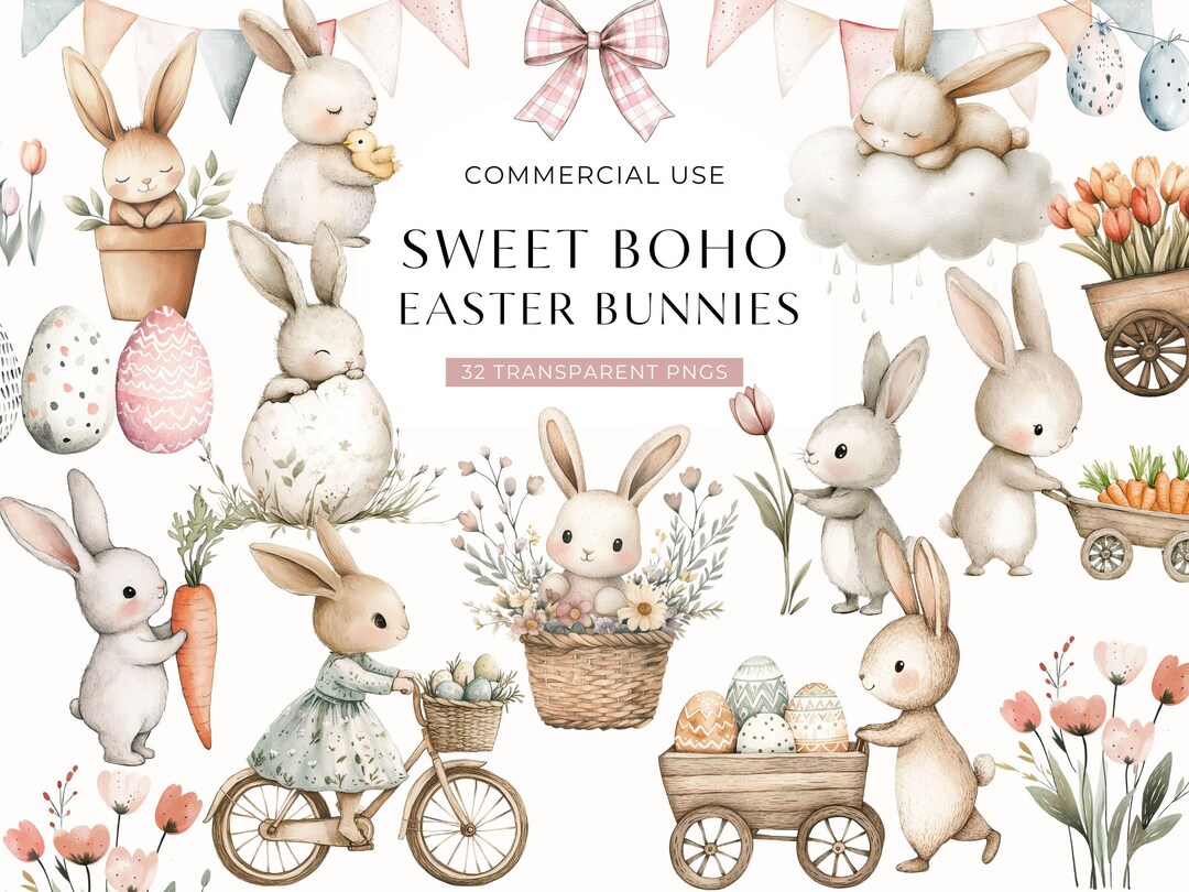 Boho Easter Bunny Clipart, Cute Whimsical Bunny Clip Art, Watercolor ...