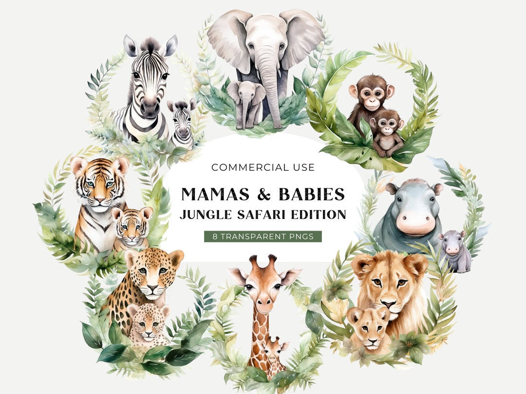 Baby Animal and Mom Clipart, DIGITAL DOWNLOAD, Jungle Safari Mama Clip ...