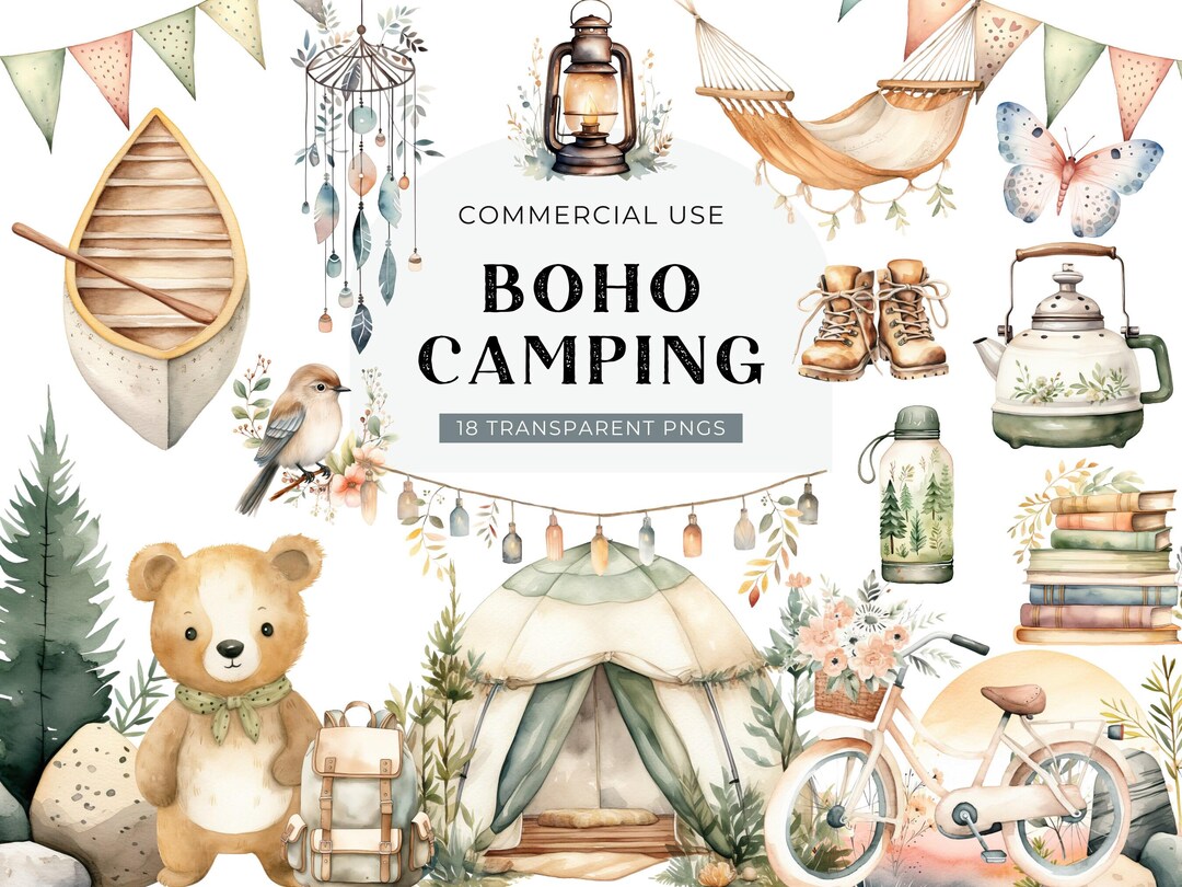 Boho Camping Watercolor Clipart, DIGITAL DOWNLOAD, Adventure Travel ...