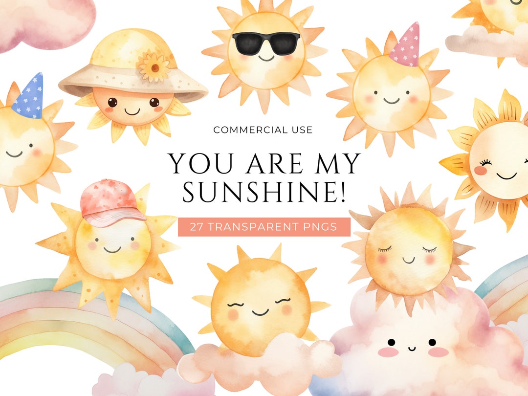 Cute Sun Clipart, DIGITAL DOWNLOAD, Watercolor Sun, Summer Sunshine ...