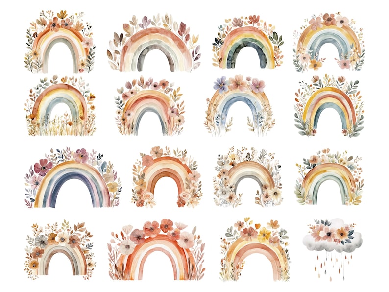 Boho Rainbow Watercolor Clipart, DIGITAL DOWNLOAD, Floral Rainbow Clip ...