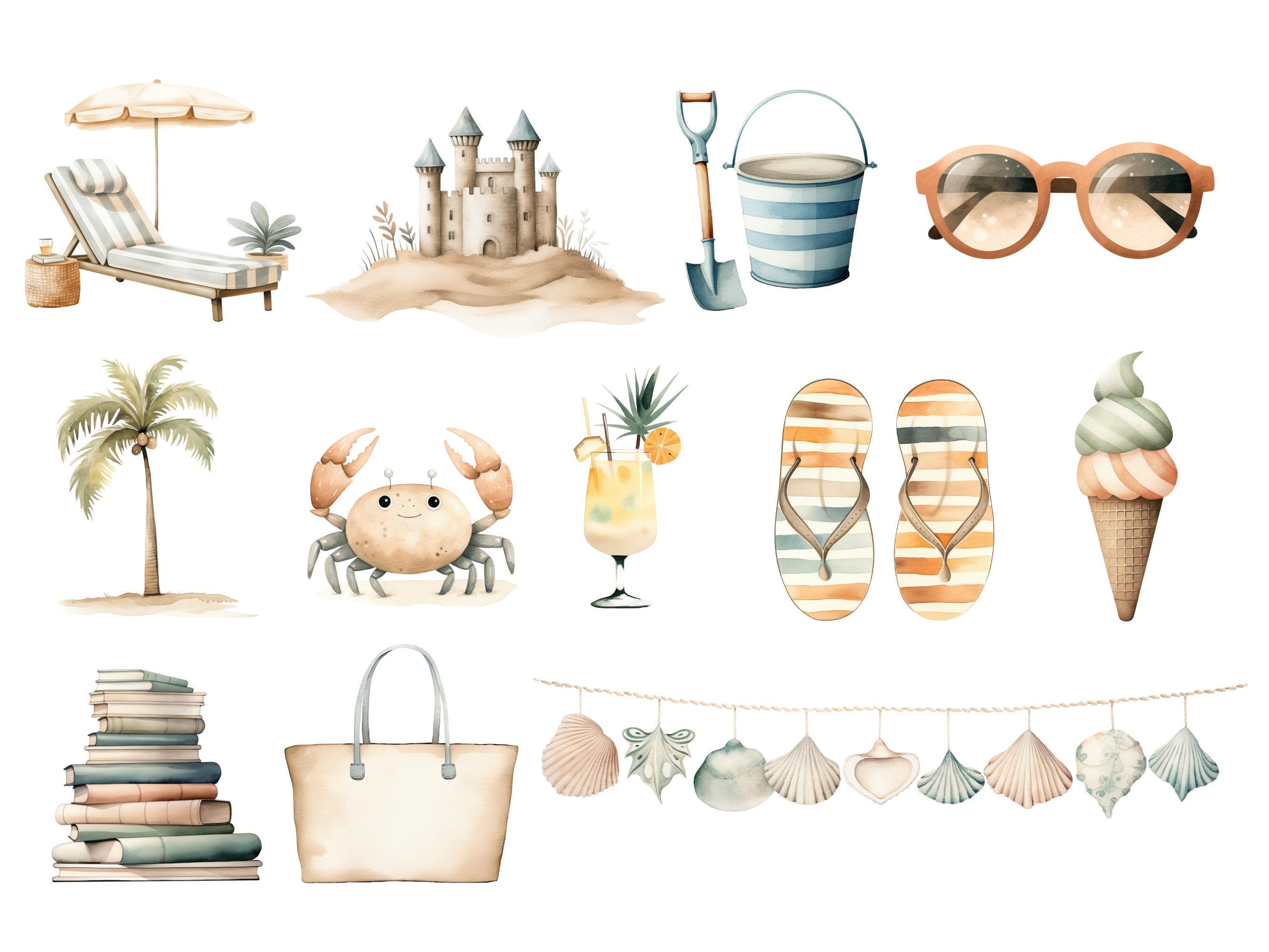 Summer Beach Watercolor Clipart, DIGITAL DOWNLOAD, Vacation Clip Art ...
