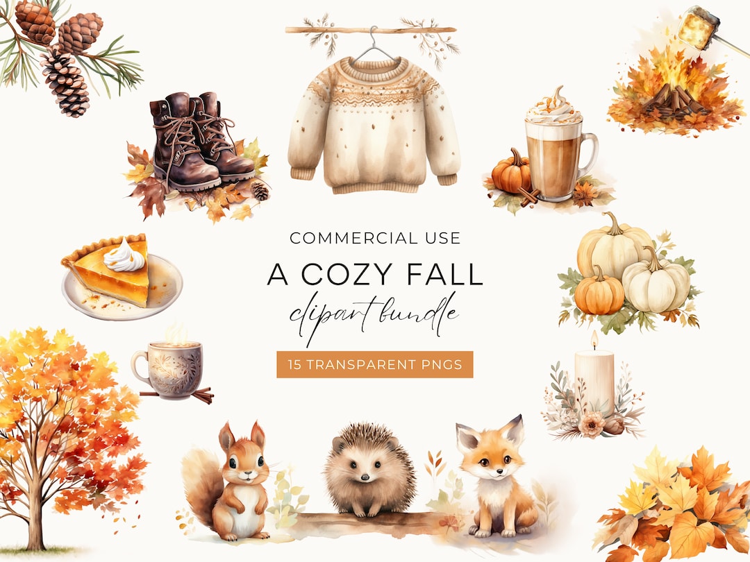 Cozy Fall Clipart Bundle, DIGITAL DOWNLOAD, Watercolor Autumn Clip Art ...
