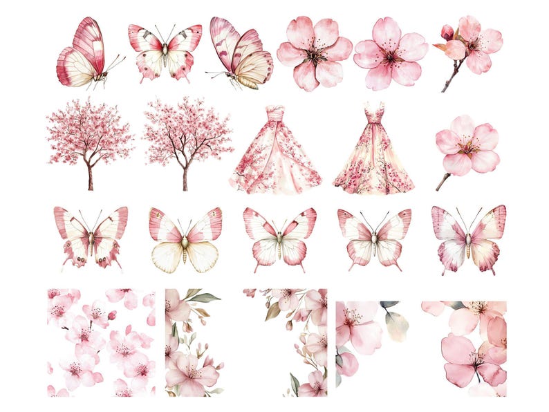 Cherry Blossom Clipart, Watercolor Sakura Flower Clip Art, Pink Floral ...